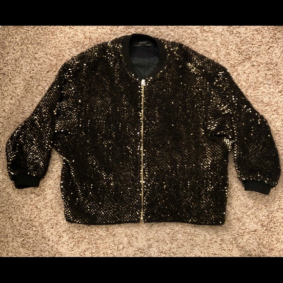 Zara | Jackets & Coats | Zara Fleecy Black Gold Sequined Bomber Jacket ...